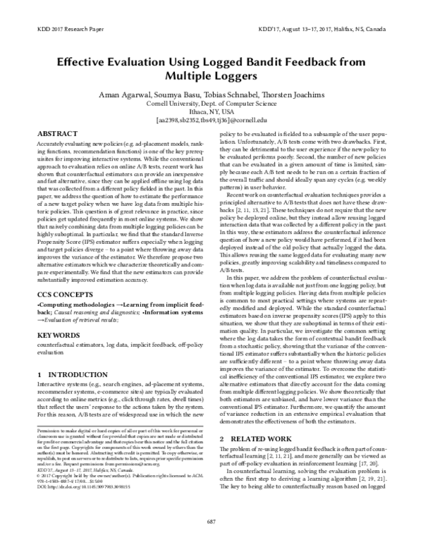 (PDF) Effective Evaluation Using Logged Bandit Feedback from Multiple Loggers | Aman Agarwal ...