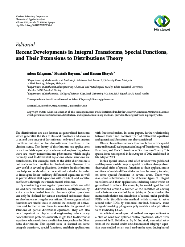 Pdf Recent Developments In Integral Transforms Special Functions