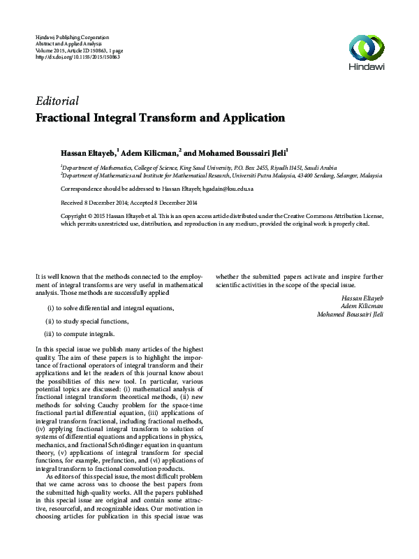 (PDF) Fractional Integral Transform and Application