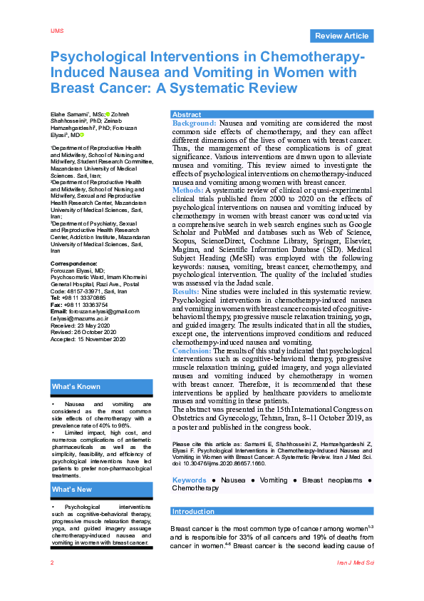 (PDF) Psychological Interventions in Chemotherapy-Induced Nausea and ...