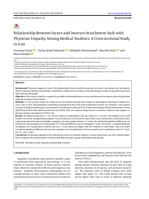 (PDF) Relationship Between Secure and Insecure Attachment Style with Physician Empathy Among ...