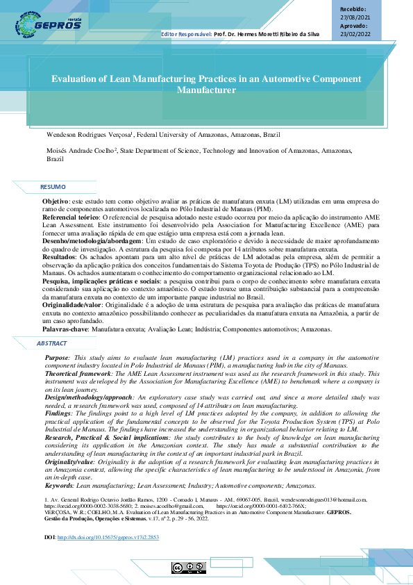 (PDF) Evaluation of Lean Manufacturing Practices in an Automotive Component Manufacturer