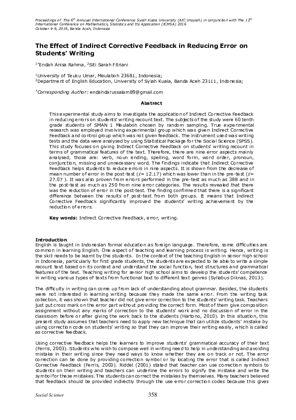 (PDF) The Effect of Indirect Corrective Feedback in Reducing Error on ...