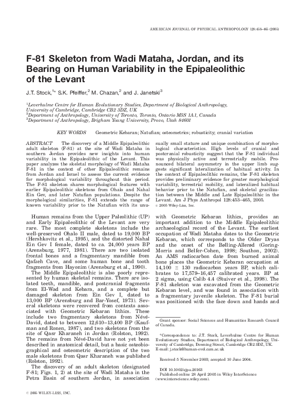(PDF) F-81 skeleton from Wadi Mataha, Jordan, and its bearing on human ...