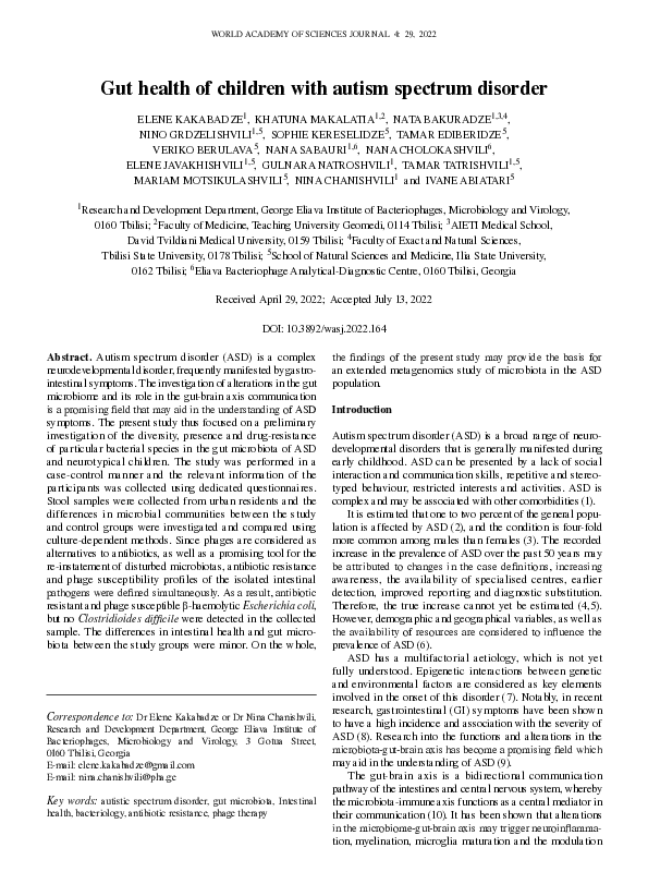 (PDF) Gut health of children with autism spectrum disorder