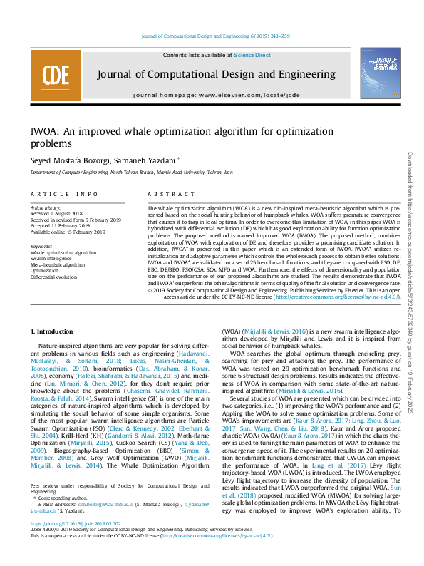 Pdf Iwoa An Improved Whale Optimization Algorithm For Optimization