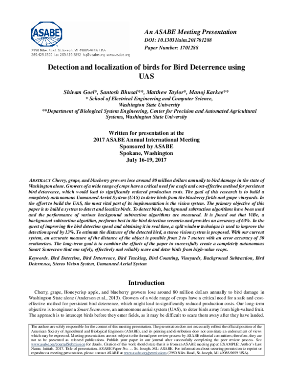 (PDF) Detection and localization of birds for Bird Deterrence using UAS