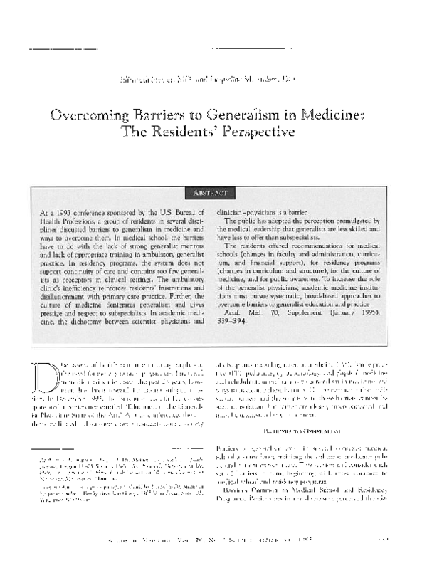 (PDF) Overcoming barriers to generalism in medicine | Jacqueline Stoken - Academia.edu