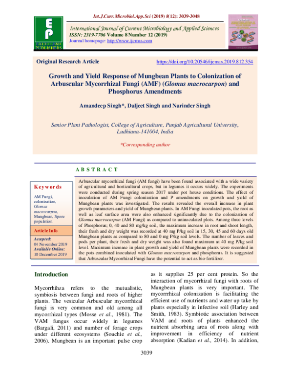 (PDF) Growth and Yield Response of Mungbean Plants to Colonization of Arbuscular Mycorrhizal ...
