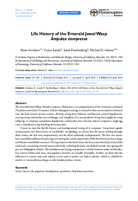 (PDF) Life History of the Emerald Jewel Wasp Ampulex compressa