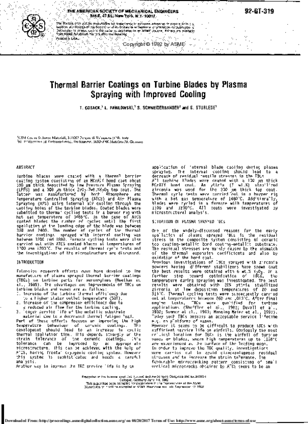 (PDF) Thermal Barrier Coatings on Turbine Blades by Plasma Spraying With Improved Cooling