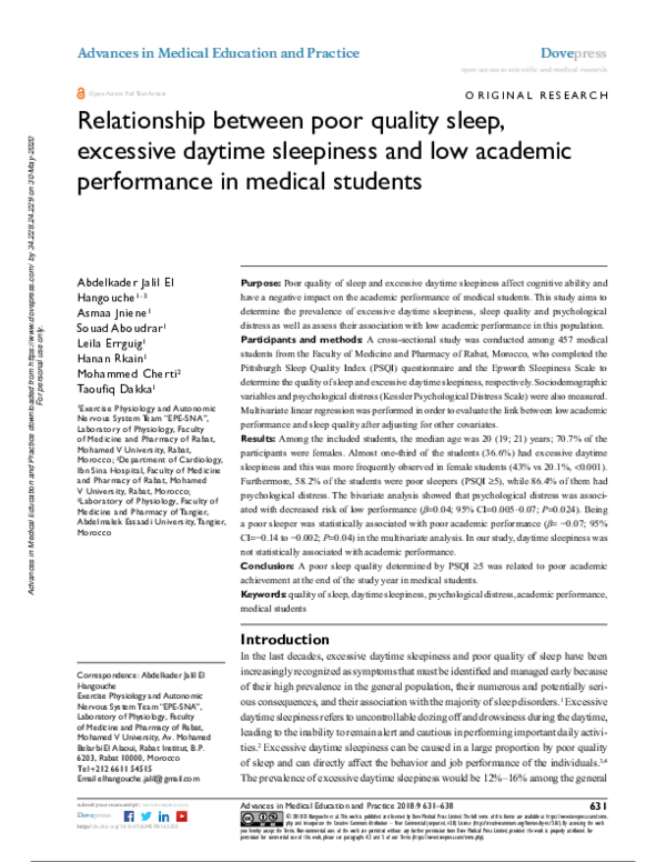 (PDF) Relationship between poor quality sleep, excessive daytime sleepiness and low academic ...