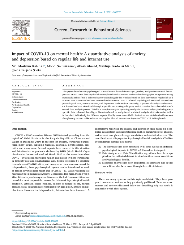 (PDF) Impact of COVID-19 on mental health: A quantitative analysis of anxiety and depression ...