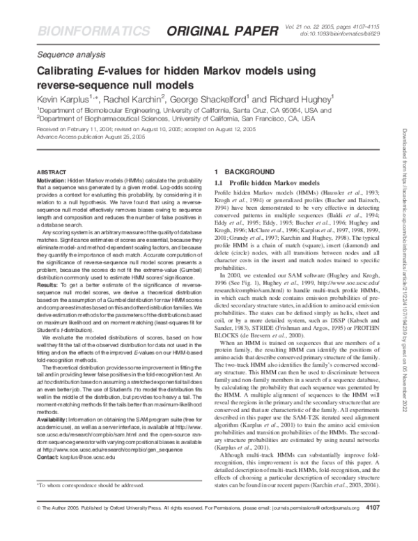 (PDF) Calibrating E-values for hidden Markov models using reverse-sequence null models
