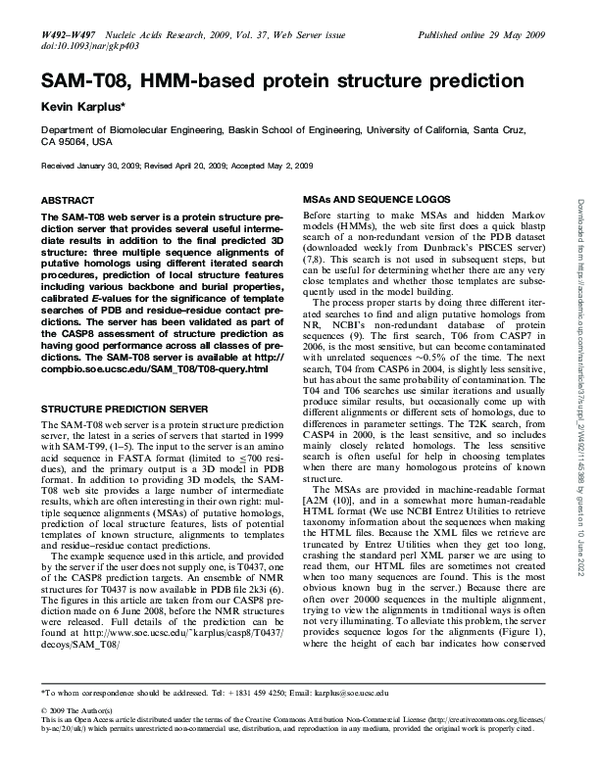 (PDF) SAM-T08, HMM-based protein structure prediction