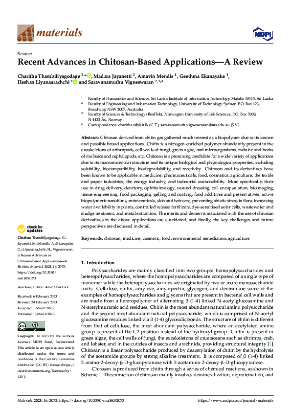 (PDF) Recent Advances in Chitosan-Based Applications—A Review