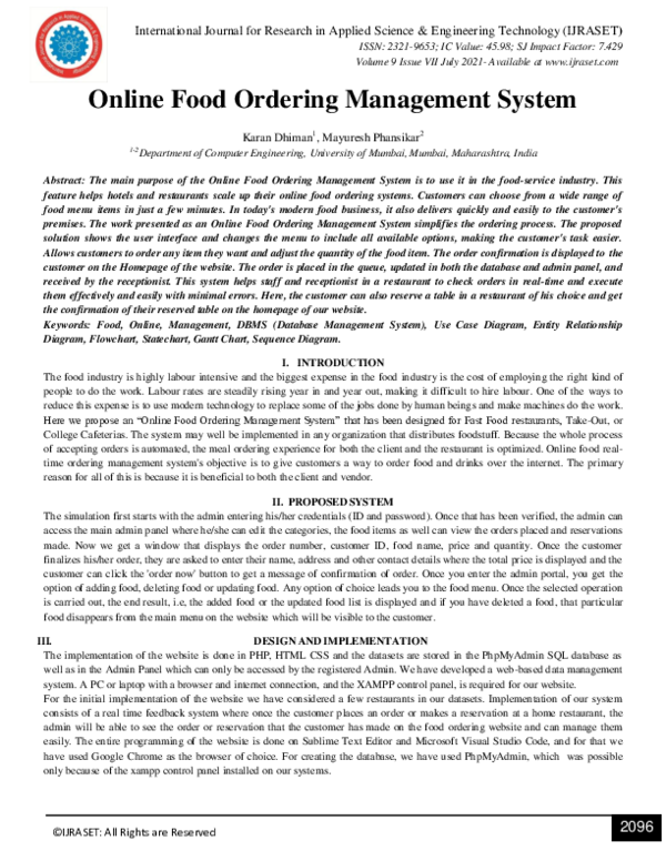(PDF) Online Food Ordering Management System