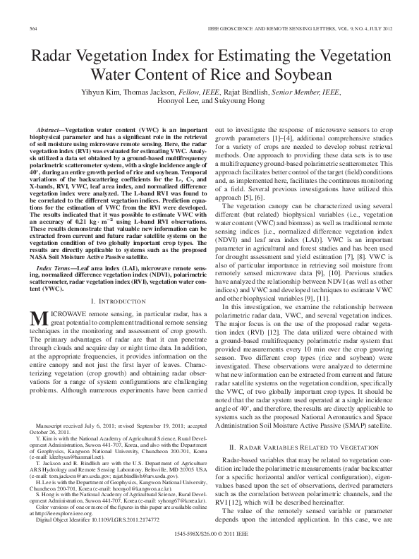 Pdf Radar Vegetation Index For Estimating The Vegetation Water