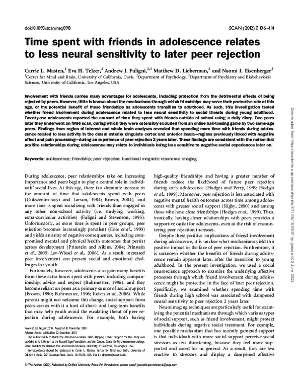 (PDF) Time spent with friends in adolescence relates to less neural ...