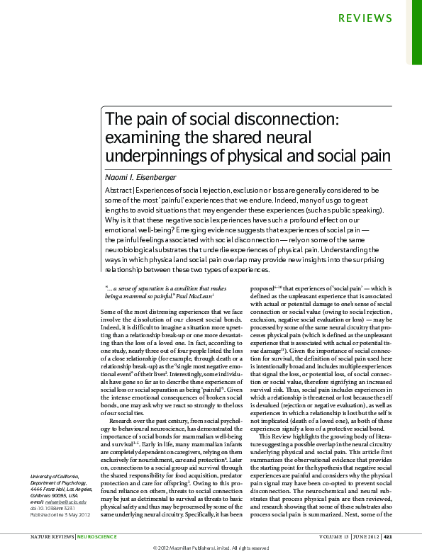 (PDF) The pain of social disconnection: examining the shared neural ...