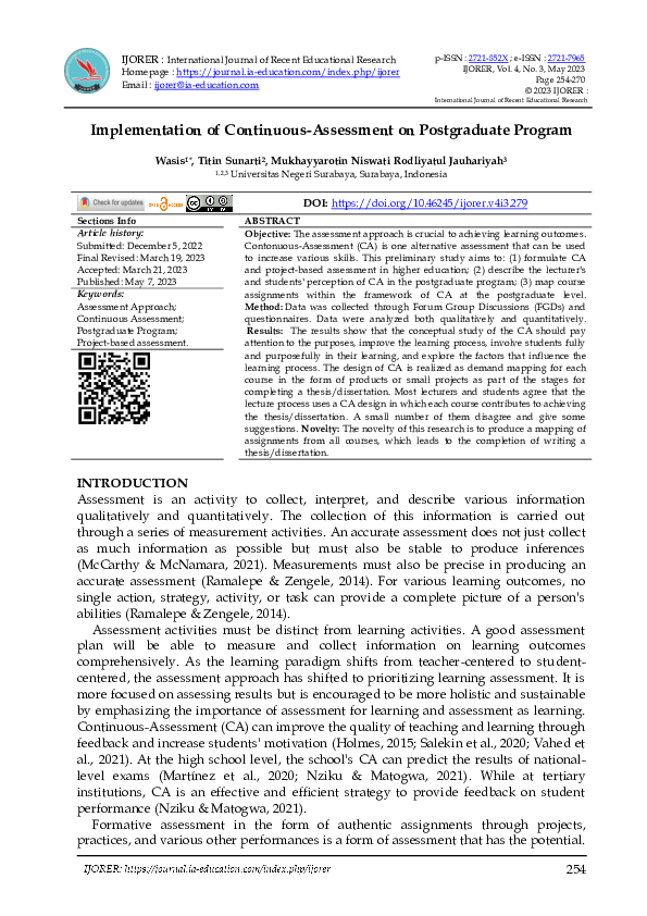 (PDF) Implementation of Continuous-Assessment on Postgraduate Program