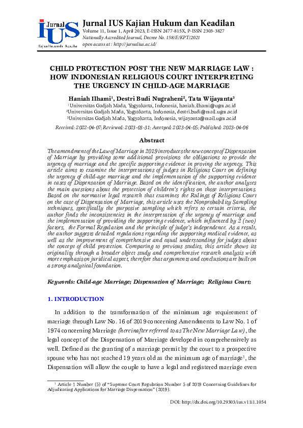 (PDF) Child Protection Post the New Marriage Law: How Indonesian ...