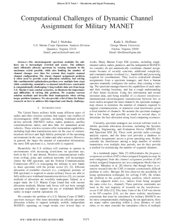 (PDF) Computational challenges of dynamic channel assignment for military MANET | Carol Hoff ...