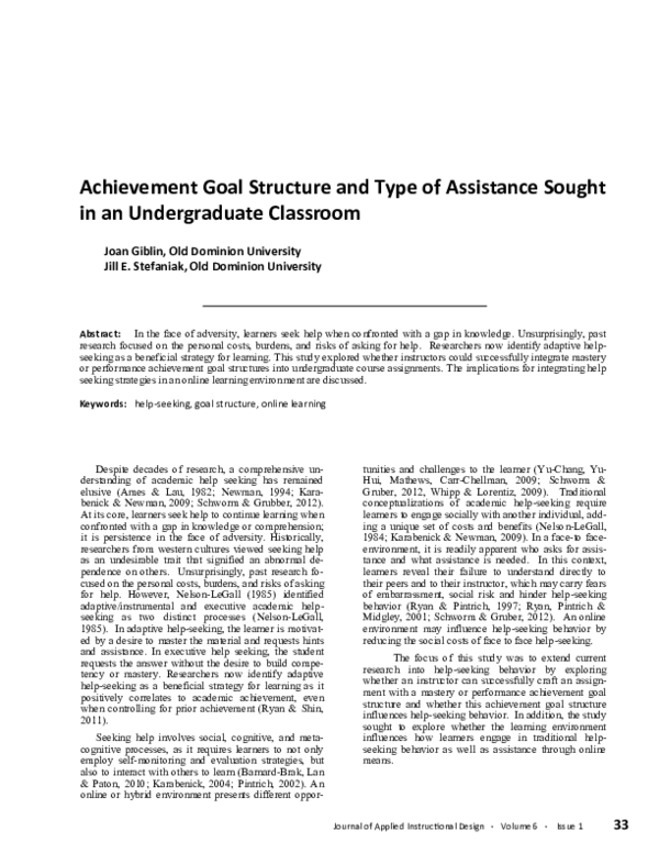 (PDF) Achievement Goal Structure and Type of Assistance Sought in an ...