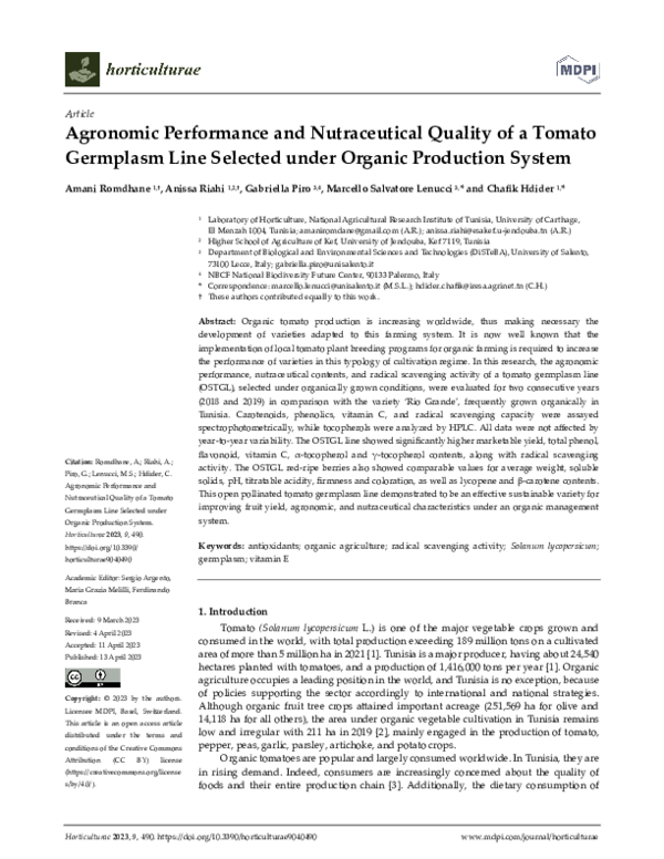 (PDF) Agronomic Performance and Nutraceutical Quality of a Tomato Germplasm Line Selected under ...
