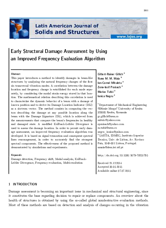 (PDF) Early Structural Damage Assessment by Using an Improved Frequency Evaluation Algorithm ...