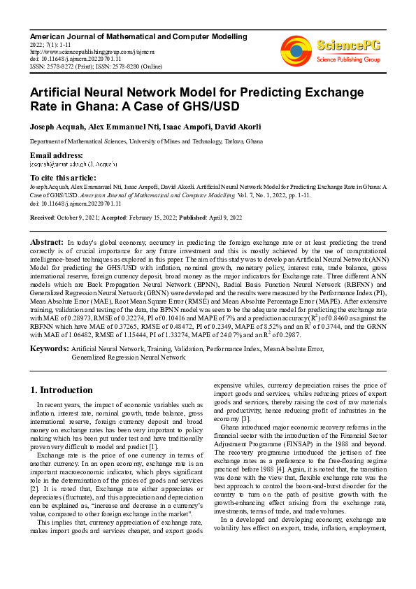 (PDF) Artificial Neural Network Model for Predicting Exchange Rate in Ghana: A Case of GHS/USD
