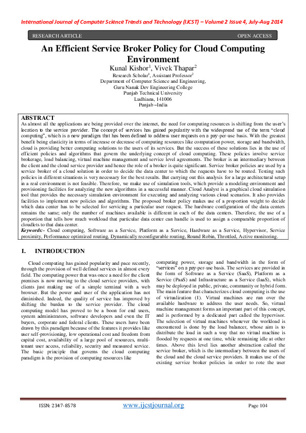 (PDF) An Efficient Service Broker Policy for Cloud Computing Environment