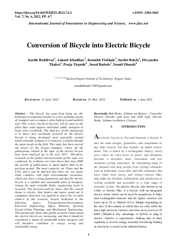 (PDF) Conversion of Bicycle into Electric Bicycle