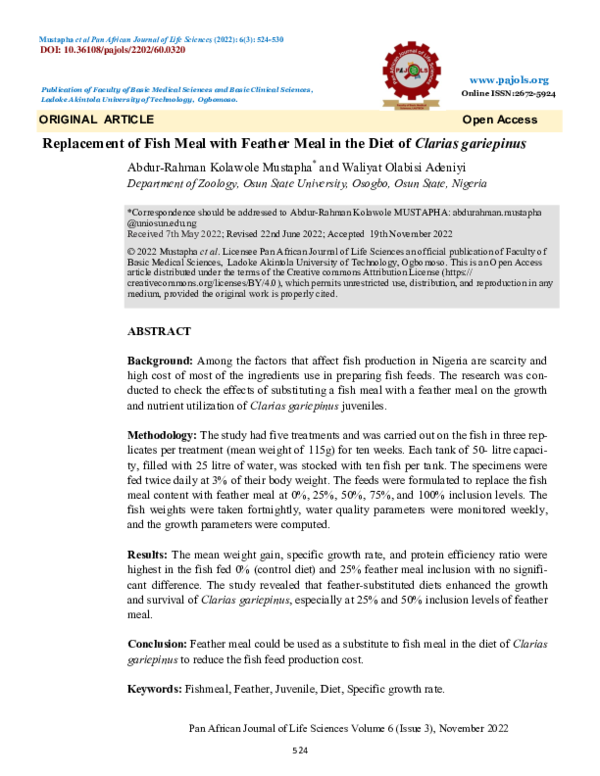 (PDF) Replacement of Fish Meal with Feather Meal in the Diet of Clarias ...