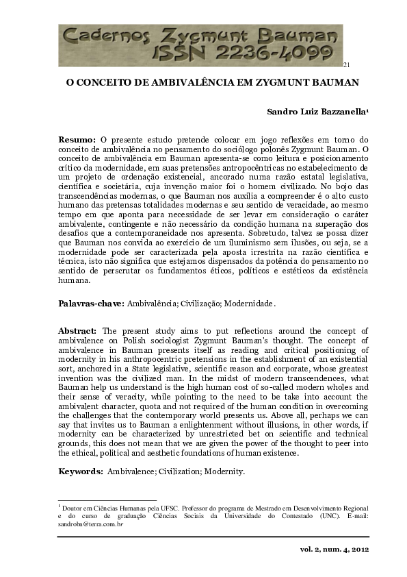 (PDF) O CONCEITO DE AMBIVALÊNCIA EM ZYGMUNT BAUMAN