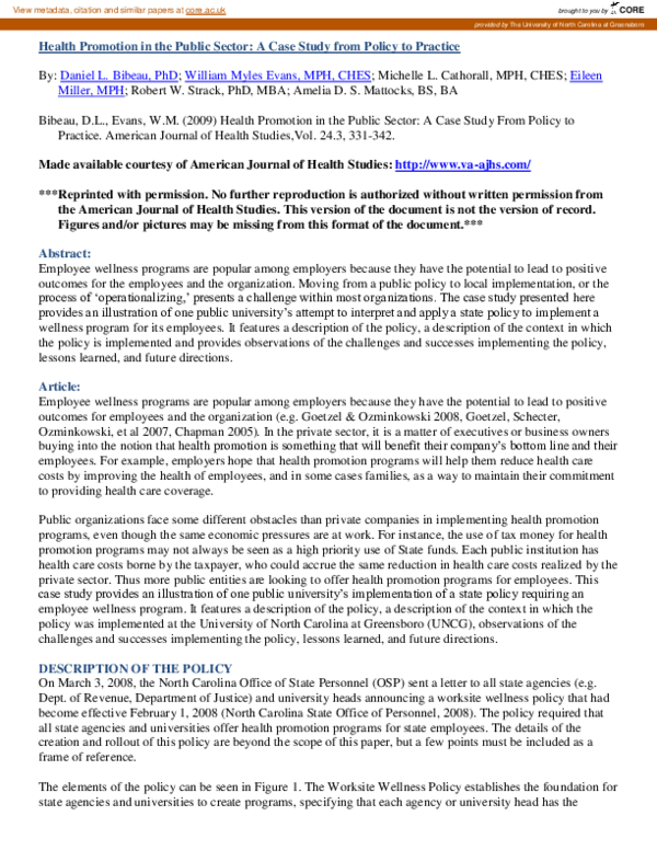 (PDF) Health Promotion in the Public Sector: A Case Study from Policy to Practice