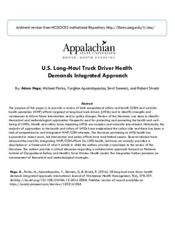 (PDF) US long-haul truck driver health demands integrated approach