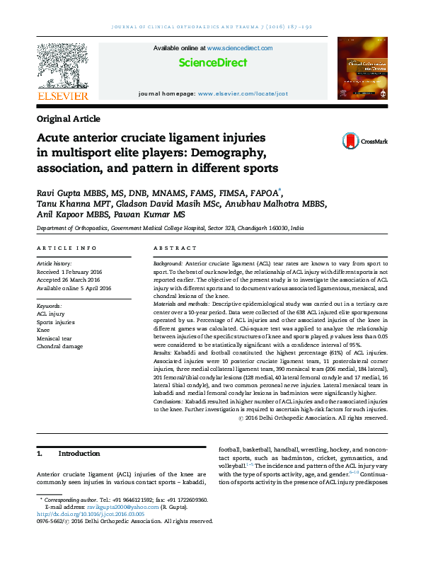 (PDF) Acute anterior cruciate ligament injuries in multisport elite ...