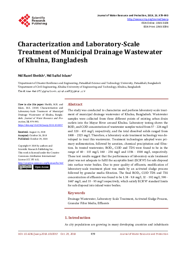 (PDF) Characterization and Laboratory-Scale Treatment of Municipal Drainage Wastewater of Khulna ...