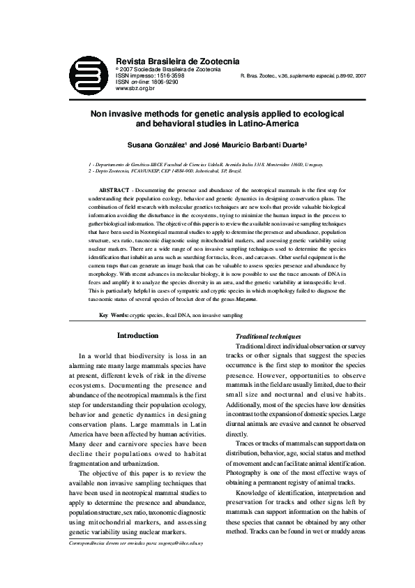 (PDF) Non invasive methods for genetic analysis applied to ecological and behavioral studies in ...
