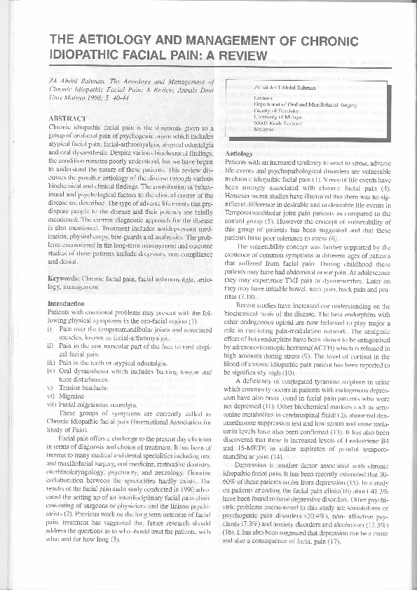 (PDF) The Aetiology And Management Of ChronicIdiopathic Facial Pain: A ...