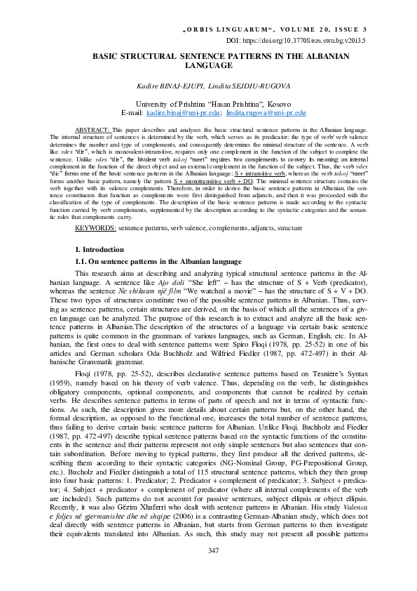 (PDF) Basic Structural Sentence Patterns in the Albanian Language