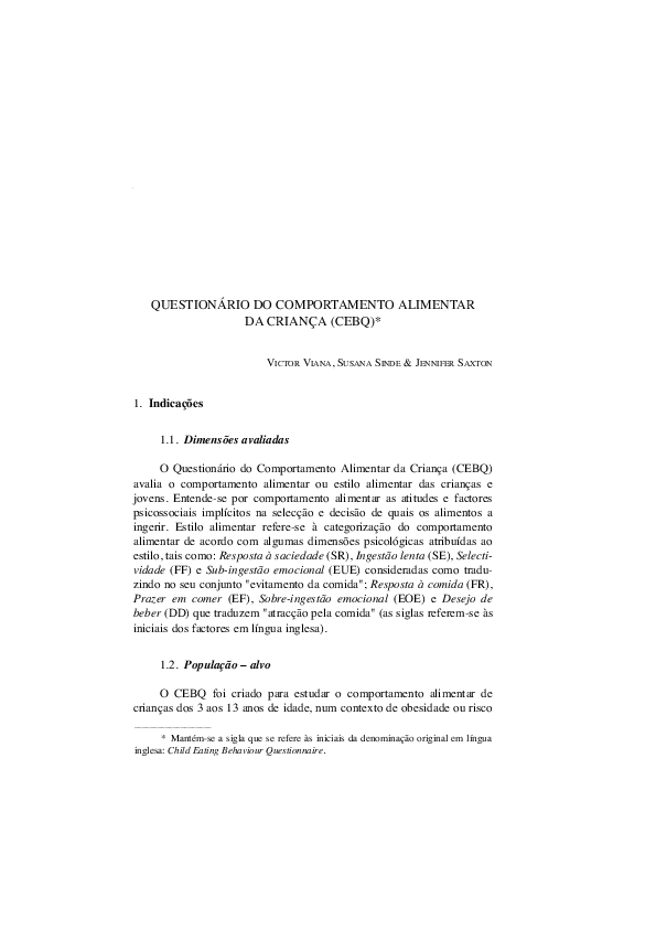 (PDF) Questionário do Comportamento Alimentar da Criança (CEBQ)