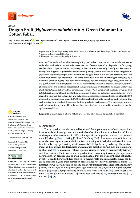 (PDF) Dragon Fruit (Hylocereus polyrhizus): A Green Colorant for Cotton Fabric