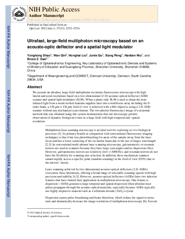 (PDF) Ultrafast, large-field multiphoton microscopy based on an acousto-optic deflector and a ...