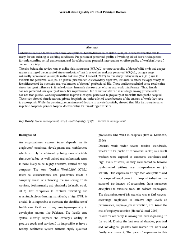 (DOC) Work-Related Quality of Life of Pakistani Doctors
