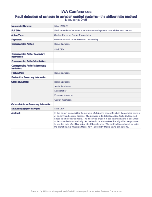 Pdf Fault Detection Of Sensors In Aeration Control Systems The