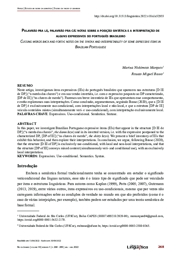 (PDF) Palavrão pra lá, palavrão pra cá: notas sobre a posição sintática ...