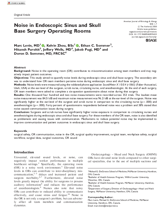(PDF) Noise in Endoscopic Sinus and Skull Base Surgery Operating Rooms | Doron Sommer - Academia.edu