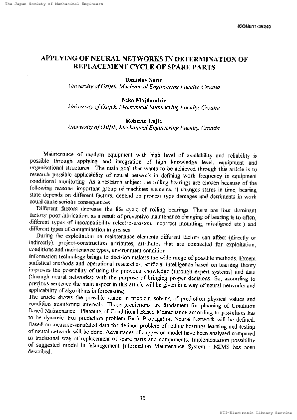 (PDF) ICONE11-36240 Applying of Neural Networks in Determination of Replacement Cycle of Spare Parts